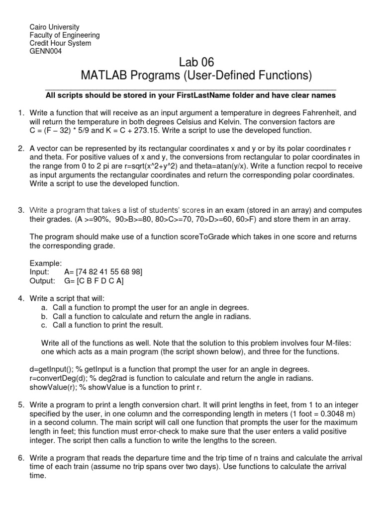 Lab 06 MATLAB Programs (User-Defined Functions) | PDF | Function (Mathematics) | C (Programming ...