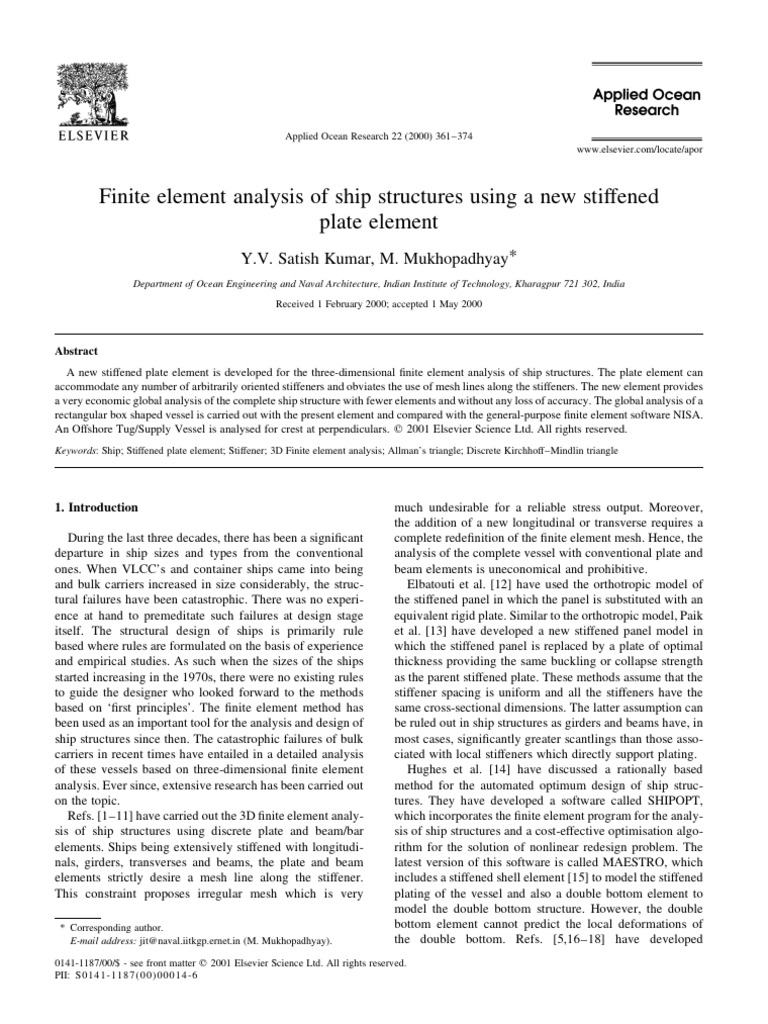 Finite Element Analysis Of Ship Structures Using A New Stiffened Plate Element Pdf Stress