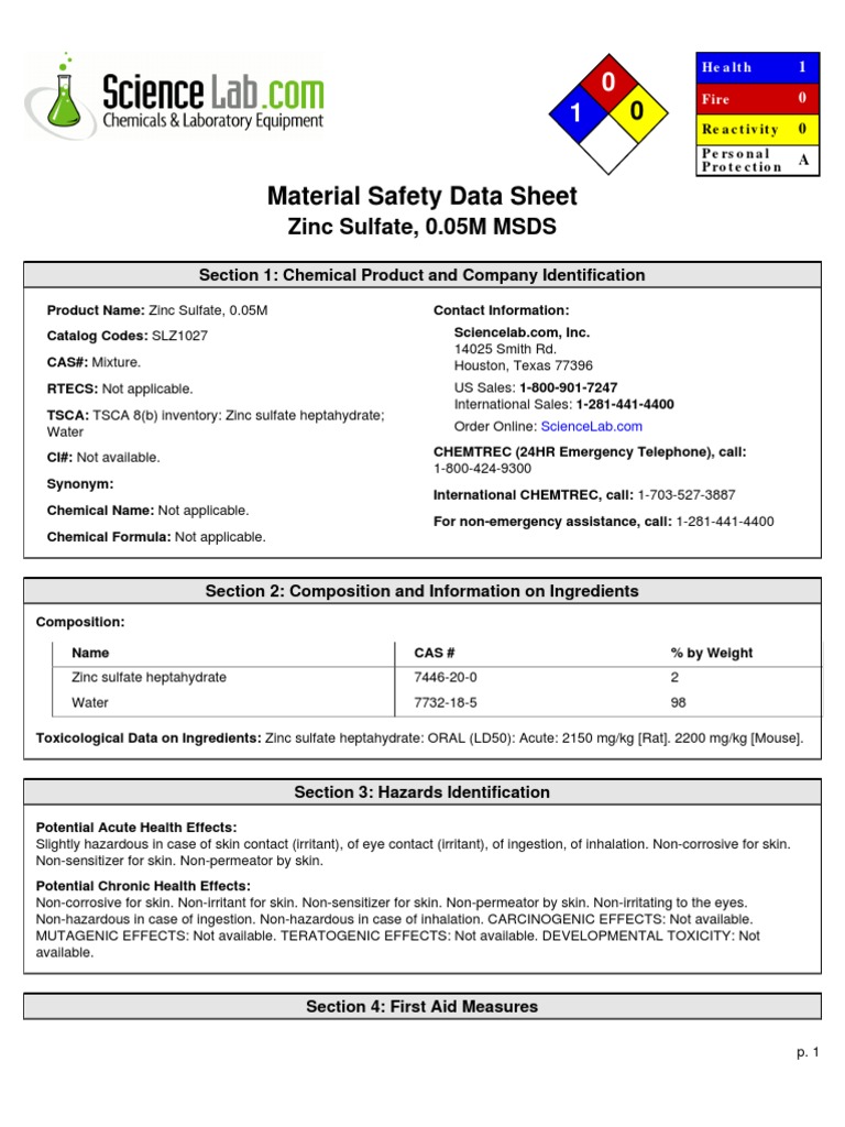 Msds Zinc Sulphate 0.05M | PDF | Toxicity | Biodegradation