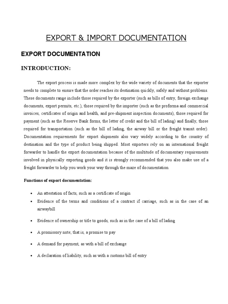 Exim Documentation Pdf Letter Of Credit Bill Of Lading