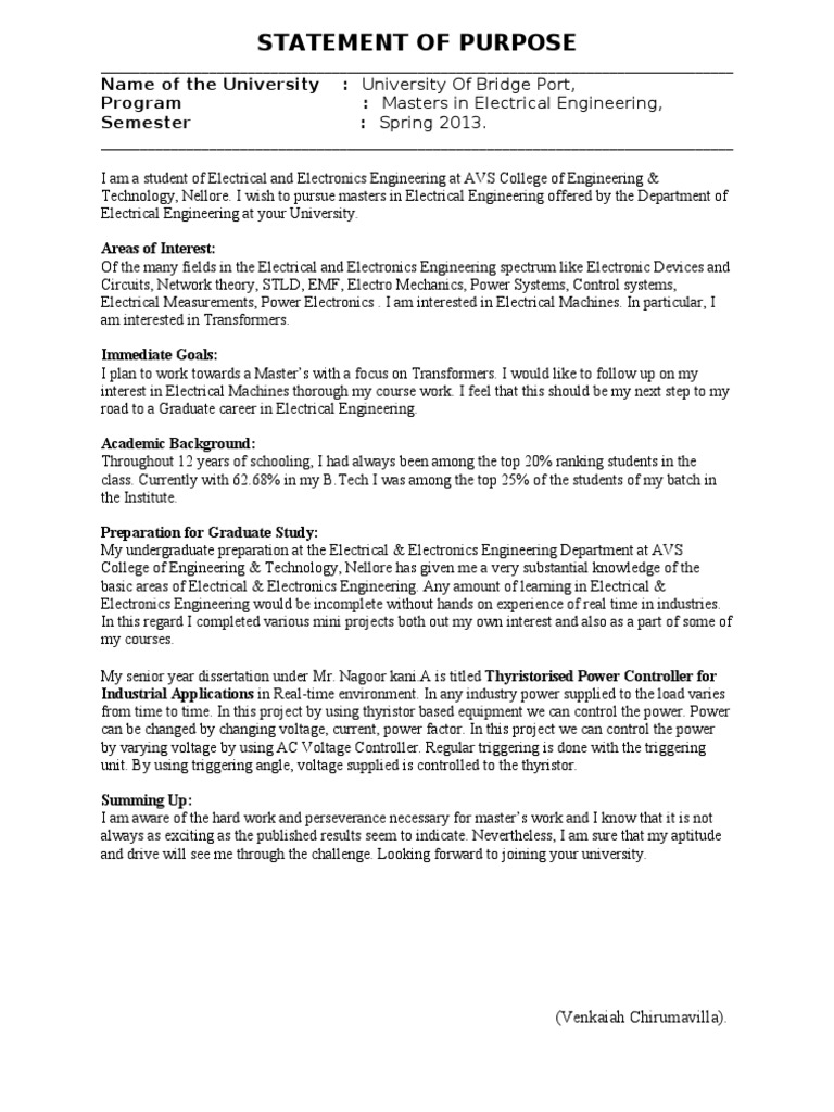 Master's Statement of Purpose for Electrical Engineering at University ...