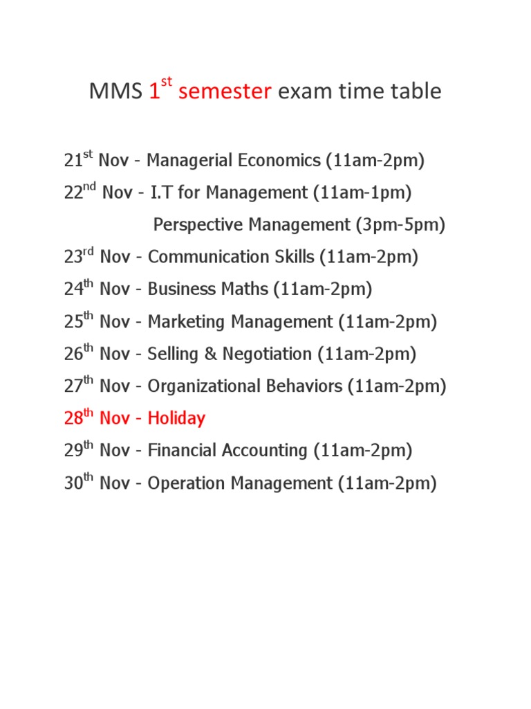 1st Semester Exam Time Table | PDF