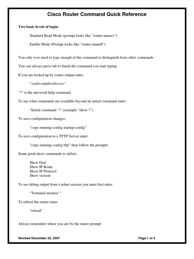 Cisco Router Command Quick Reference | PDF | Router (Computing) | Transmission Control Protocol
