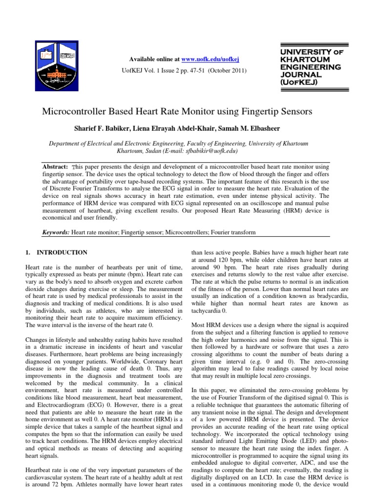 Microcontroller Based Heart Rate Monitor Using Fingertip Sensors Design And Development Of A