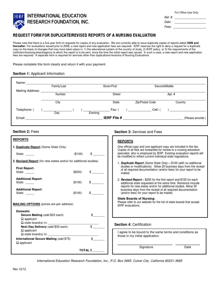IERF form | Zip Code | Mail