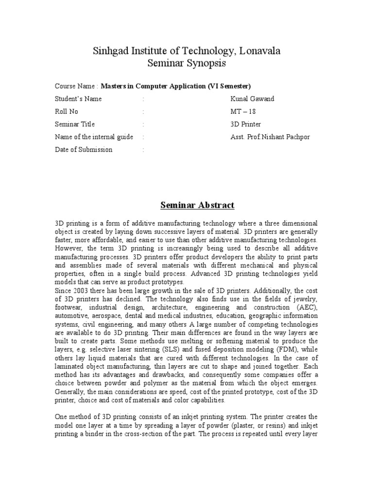 3D Printing Seminar Overview | PDF | 3 D Printing | Industrial Processes