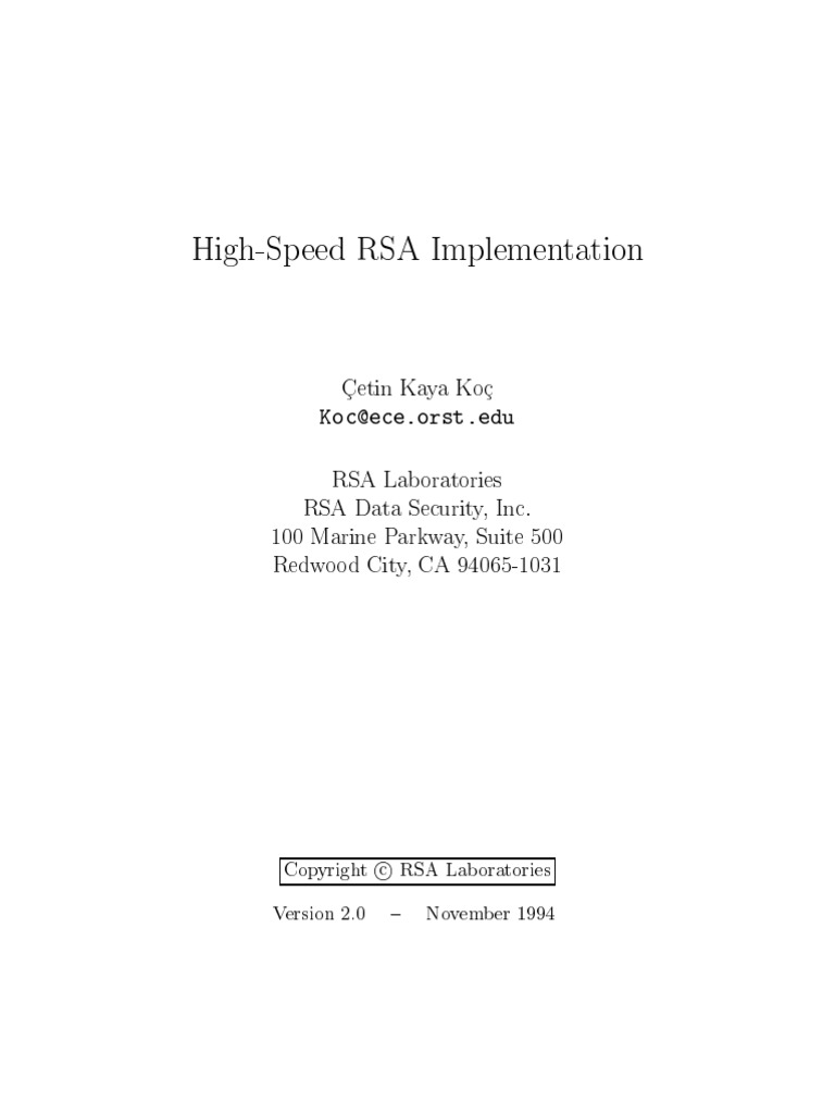 High-Speed RSA Implementation: RSA Laboratories Version 2.0 (November ...