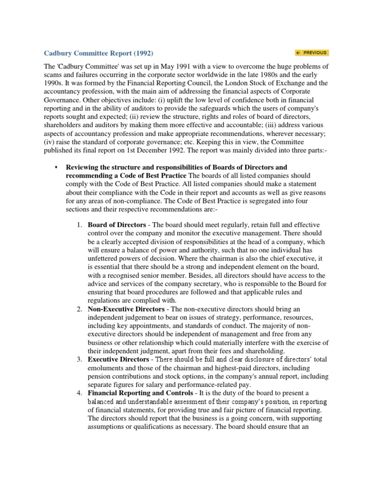 Cadbury Committee Report | Board Of Directors | Corporate Governance