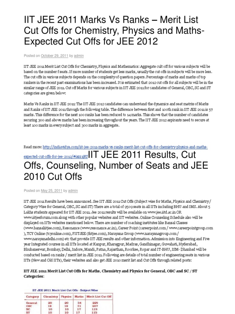 IIT JEE 2011 Marks Vs Ranks | PDF | Career And Technical Education ...