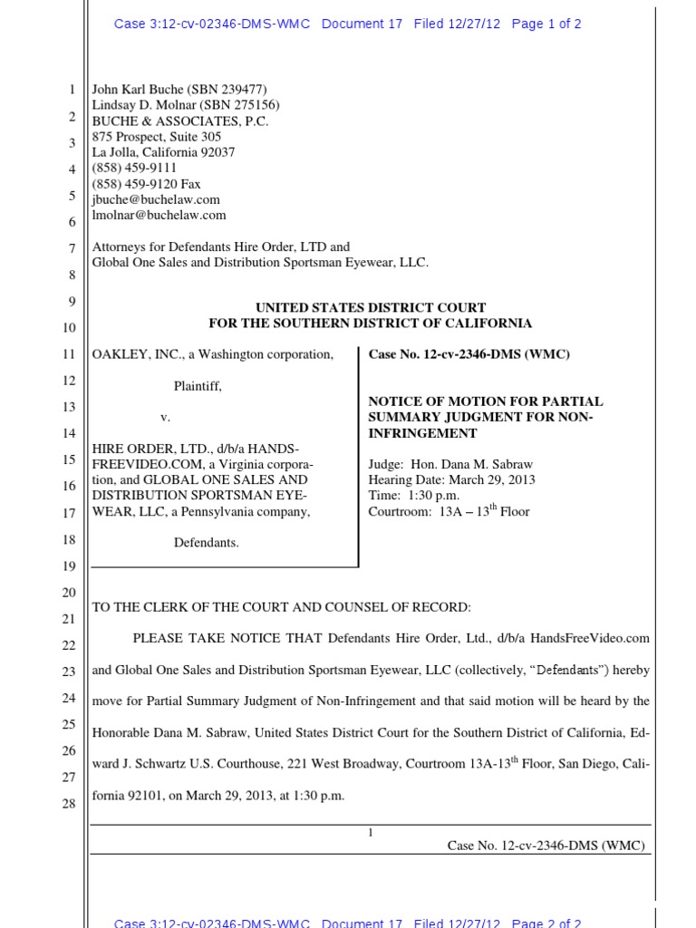 Hire Order MSJ | PDF | Summary Judgment | Glossary Of Patent Law Terms
