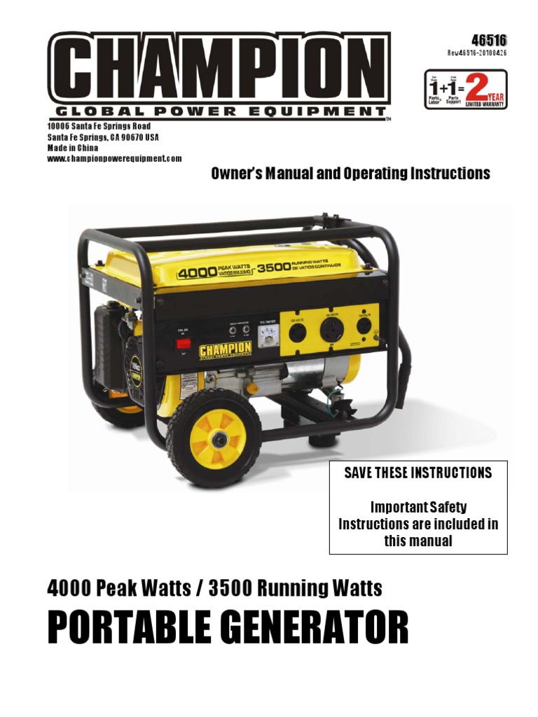 Champion Generator Manual | PDF | Screw | Electric Generator