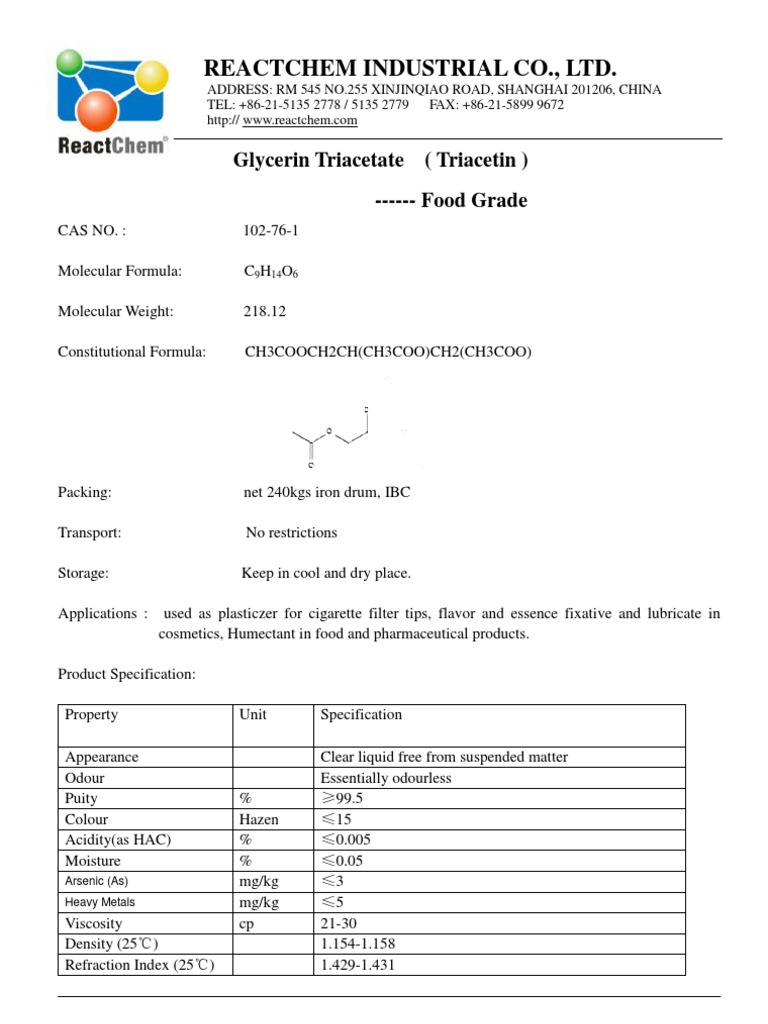 Glycerin Triacetate (Triacetin) - Food Grade | PDF | Science & Mathematics