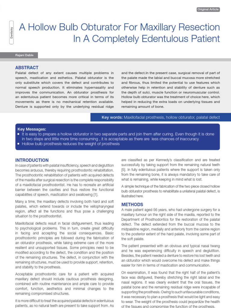 A Hollow Bulb Obturator | PDF | Dentures | Prosthodontics