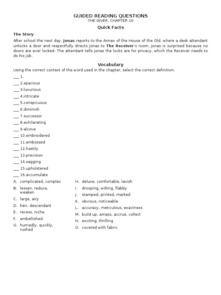 The Giver, Chapter 10 - Guided Reading Questions | PDF | Cognitive ...