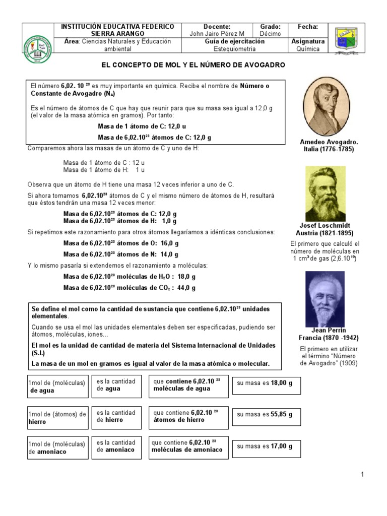 Concepto De Mol Y Numero De Avogadro Pdf Mole Unidad Moléculas