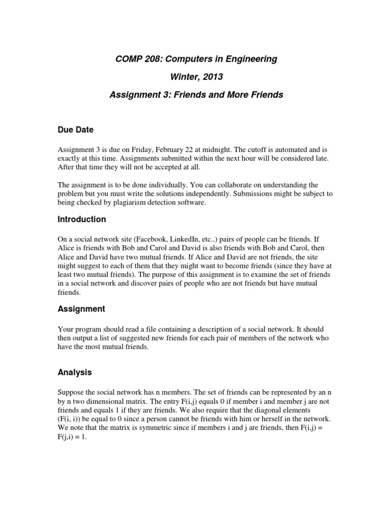 COMP 208: Computers in Engineering Winter, 2013 Assignment 3: Friends and More Friends | PDF ...
