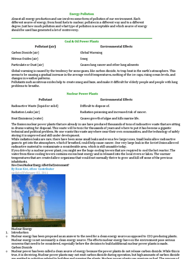 Pollutant (Air) Environmental Effects: Energy Pollution | PDF