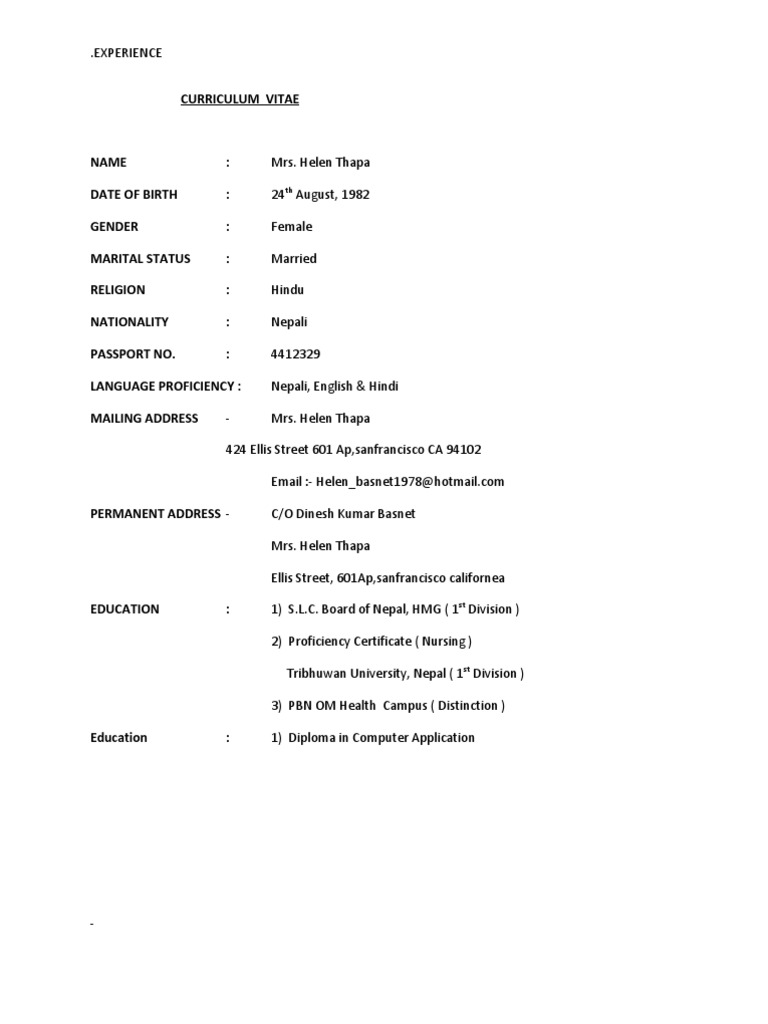 Helen Curriculum Vitae | PDF | Nursing | Hospital
