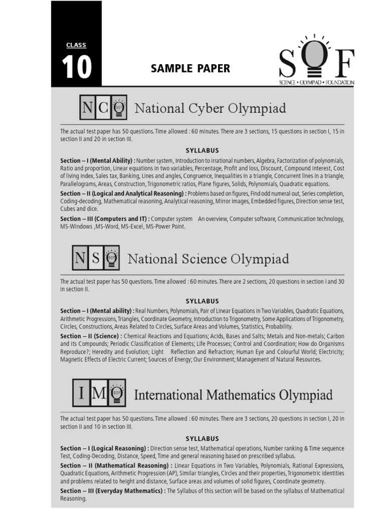Sof imo sample paper Class 10 | Trigonometry | Equations