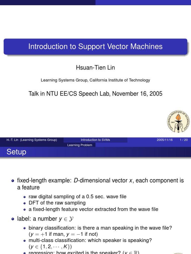 Introduction To Support Vector Machines: Hsuan-Tien Lin | PDF | Support Vector Machine | Algorithms