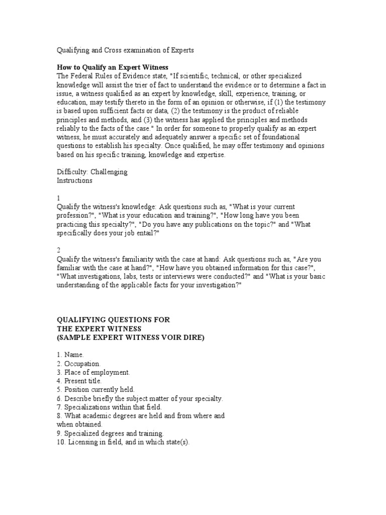 Qualifying and Cross Examination of Experts | PDF | Expert Witness ...