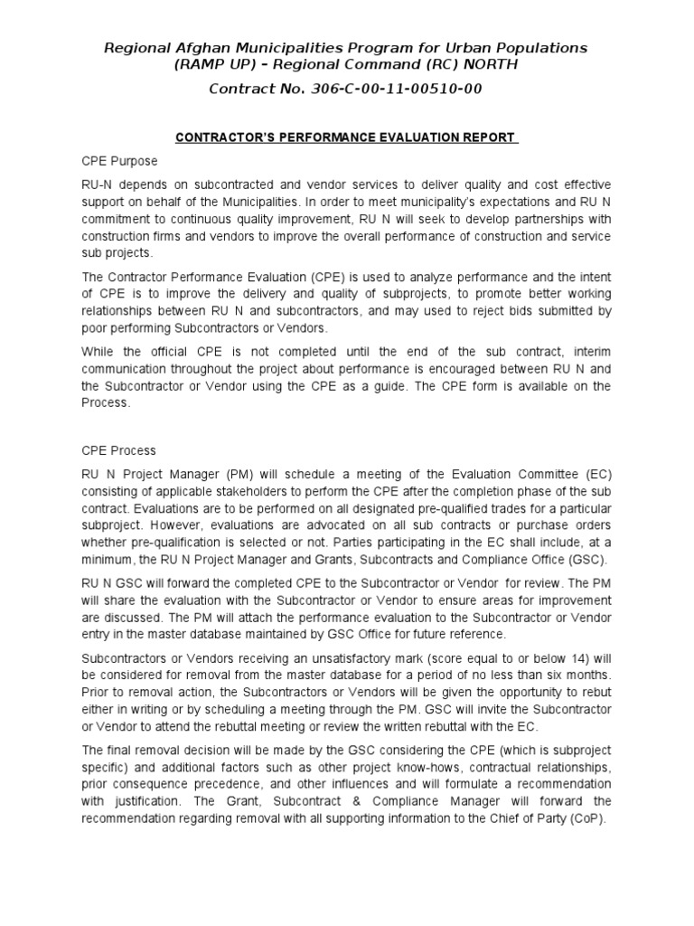 Contractor Performance Evaluation Report Form | PDF | General ...