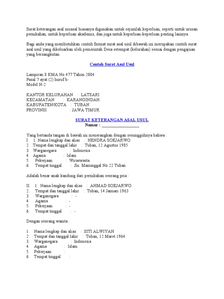 Contoh Surat Keterangan Asal Usul | PDF