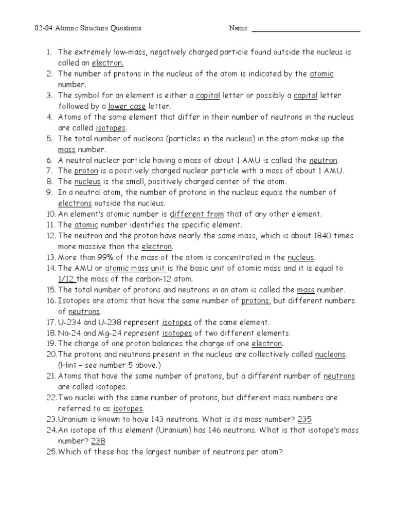 Atomic Structure Worksheet Answers Basic Atomic Structure Worksheet