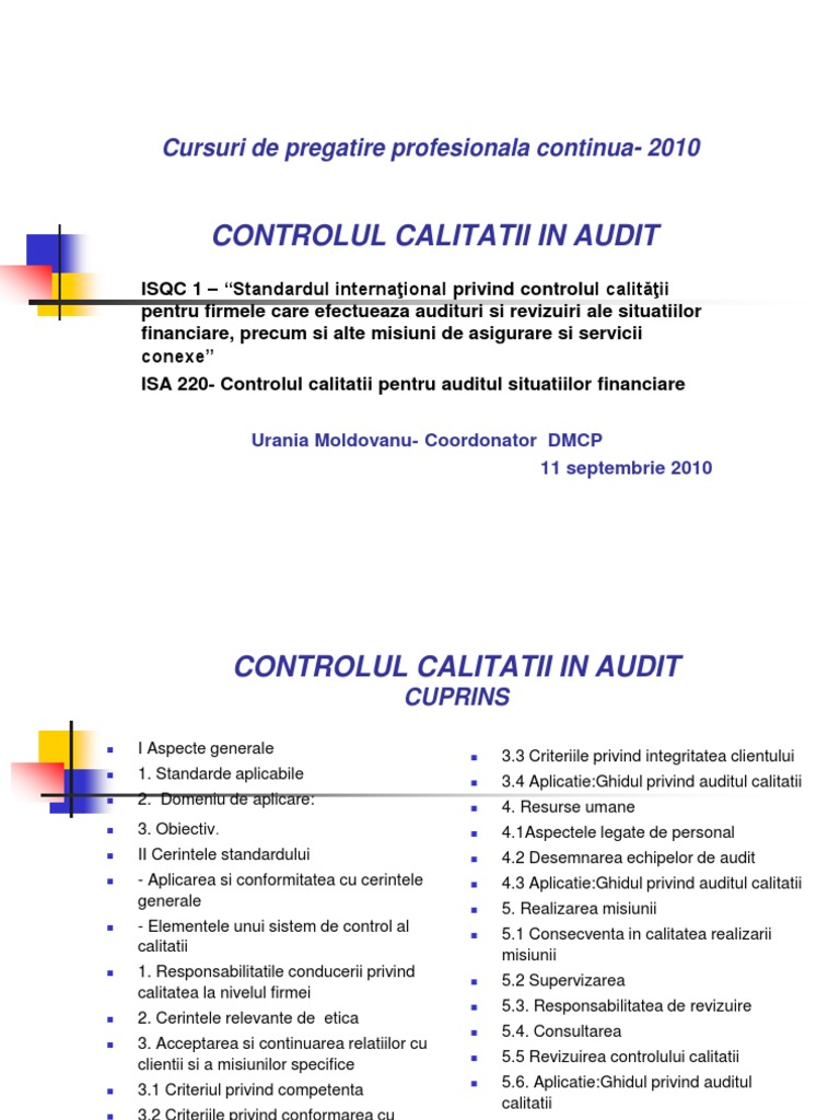 Isqc 1 Si Isa 220 Controlul Calitatii in Audit | PDF