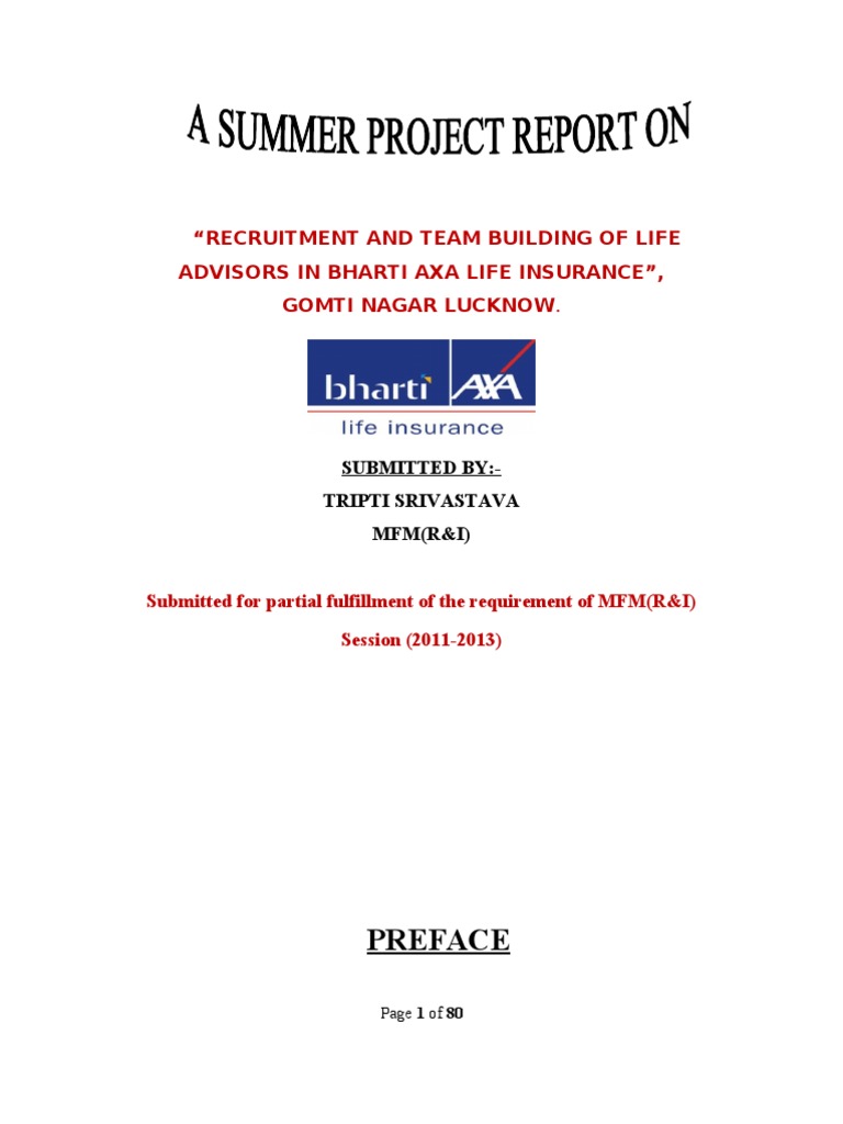 Bharti Axa Life Insurance Project | PDF | Insurance | Financial Services