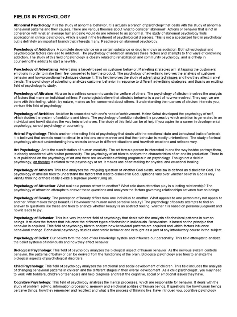 Fields in Psychology | PDF | Psychology | Behavior
