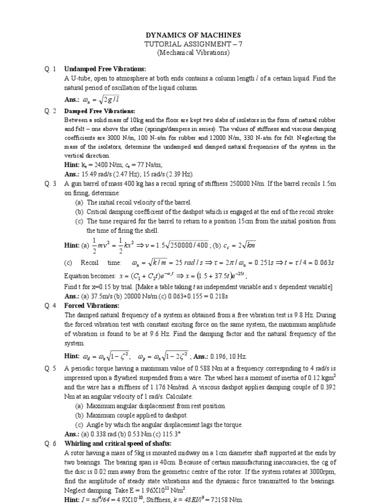 DoM Tutorial Sheet 07 Mech Vibrations | PDF | Physical Quantities ...