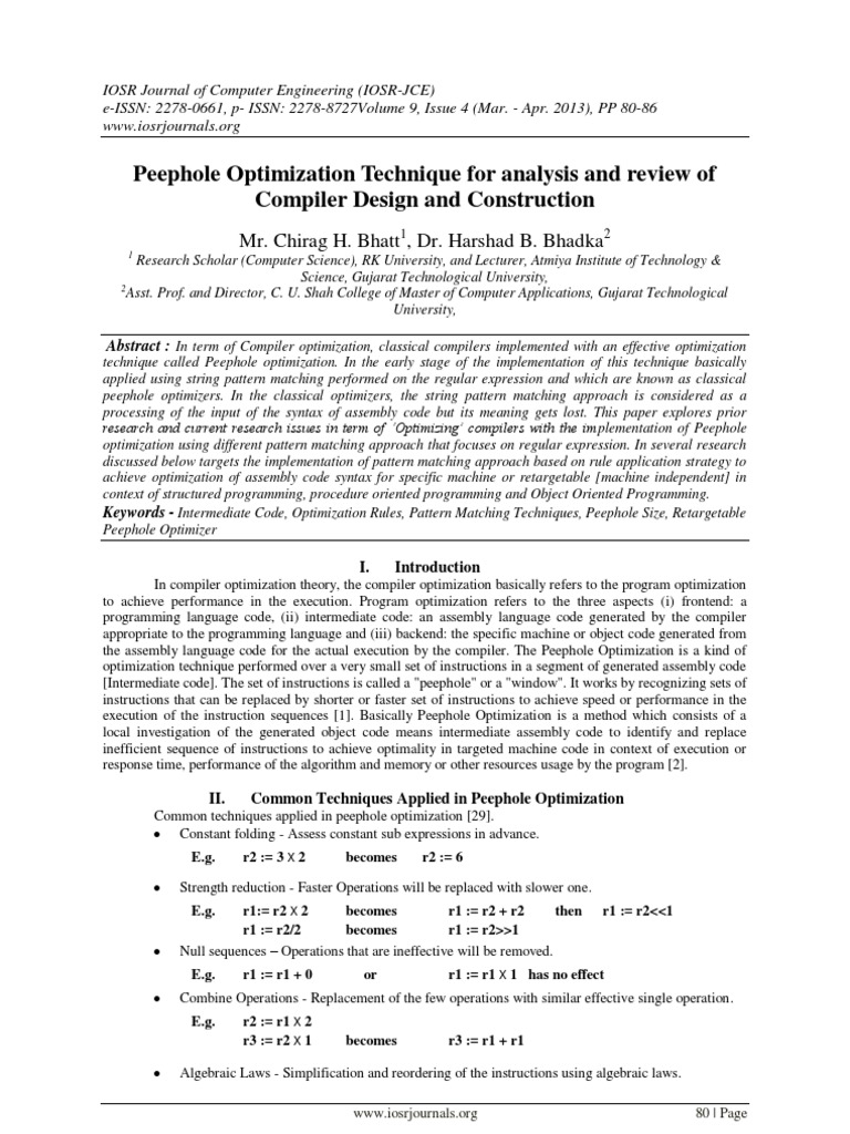 Peephole Optimization Technique For Analysis and Review of Compiler Design and Construction ...