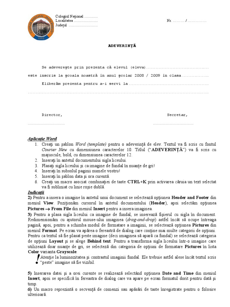 Aplicatie Word Adeverinta Elev | PDF