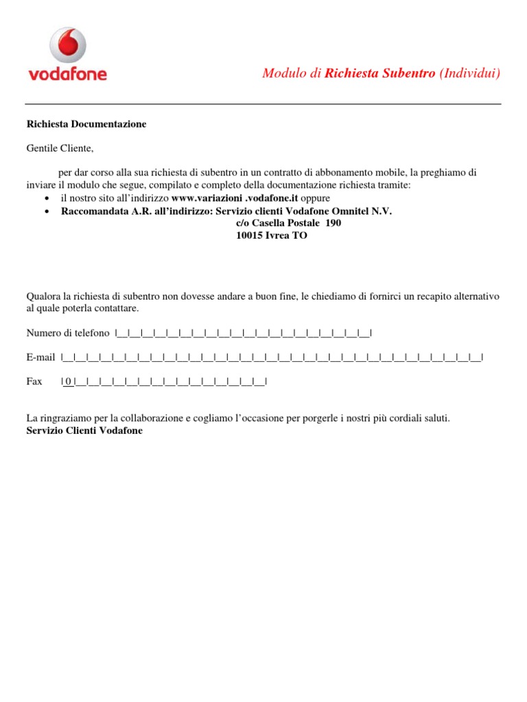 Modulo Subentro Vodafone | PDF