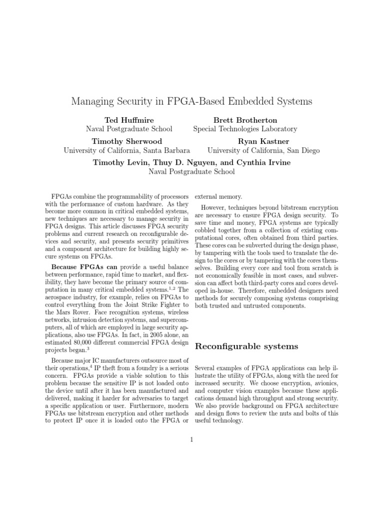 Huffmire - Managing Security in FPGA-Based Embedded Systems | PDF | Field Programmable Gate ...