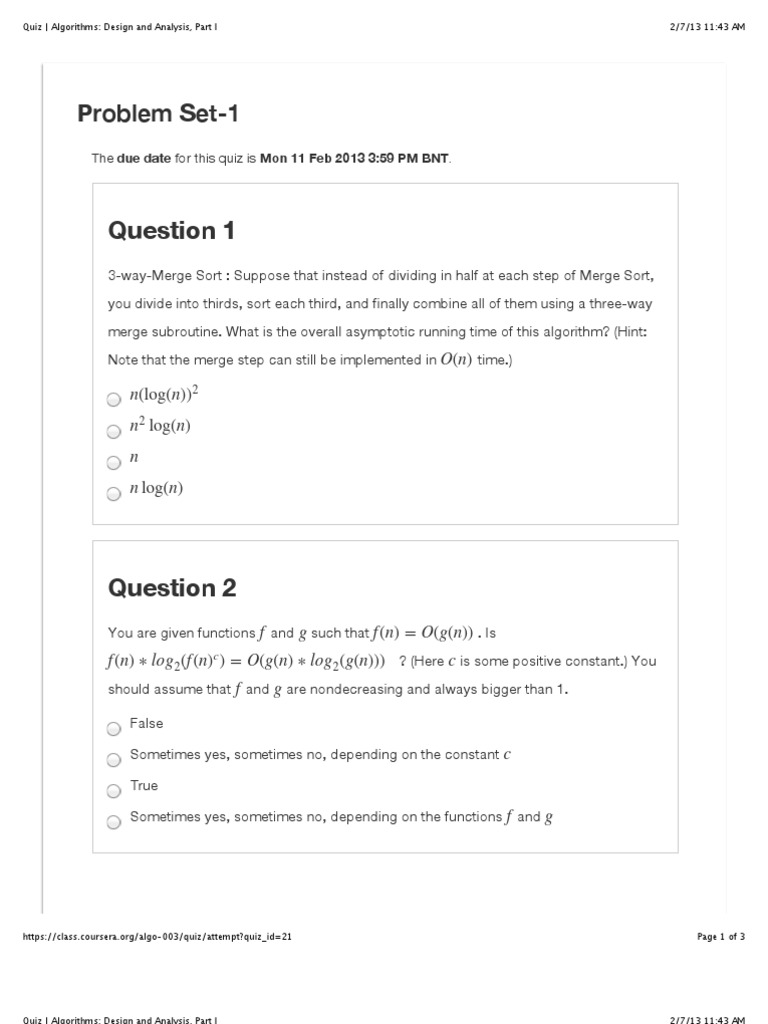 Quiz - Algorithms: Design and Analysis, Part I | PDF | Subroutine | Array Data Structure