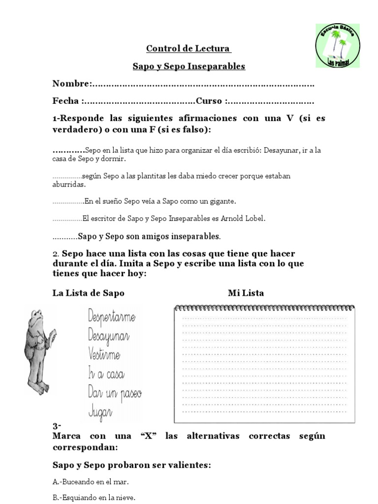 Prueba de Lectura Sapo y Sepo Inseparables PDF | PDF