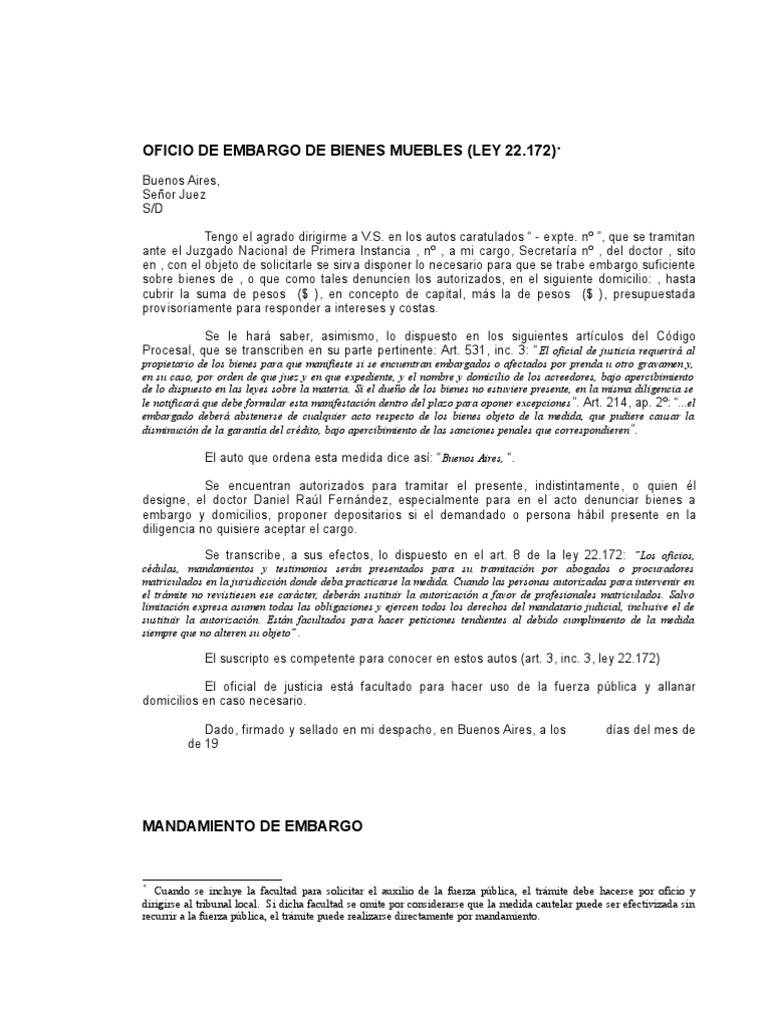 Oficio de Embargo de Bienes Muebles Ley 22.172