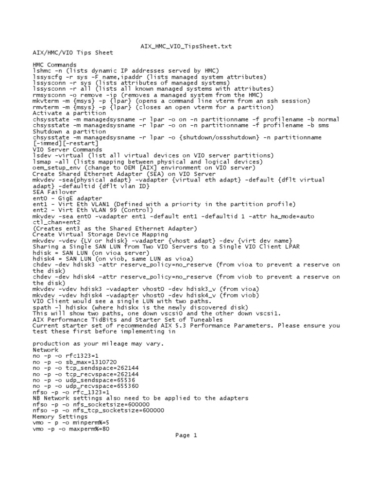 Aix HMC Vio Tips Sheet | PDF | Communications Protocols | Network Architecture