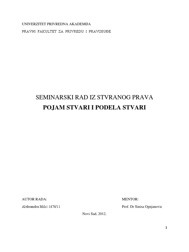 Pojam Stvari I Podela Stvari | PDF