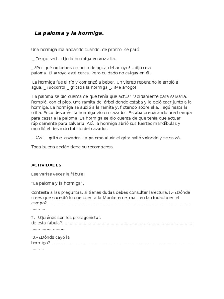 Fábula: La Paloma y la Hormiga | PDF