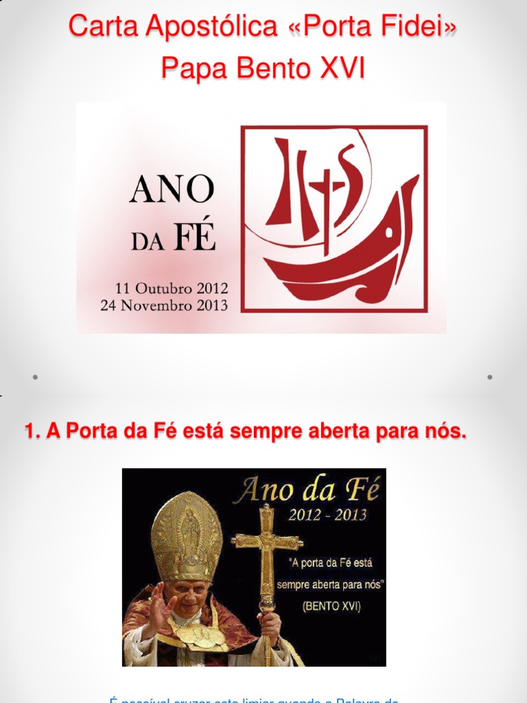 Carta Apostólica Porta Fidei Resumo | PDF | Concílio Vaticano II | Fé