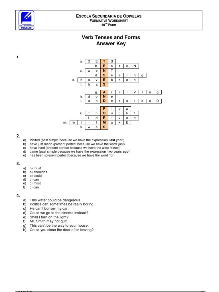 Verb Tenses Answer Key | PDF