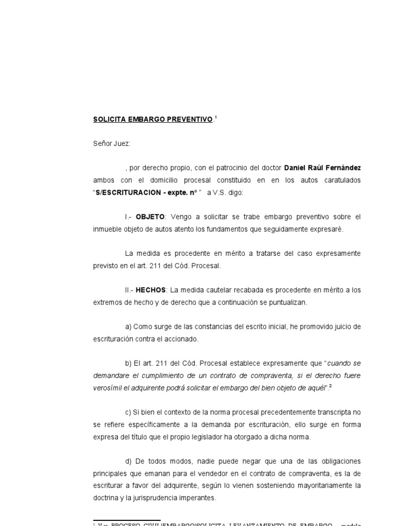 SOLICITA EMBARGO PREVENTIVO - modelo 2 - en juicio de escrituración ...