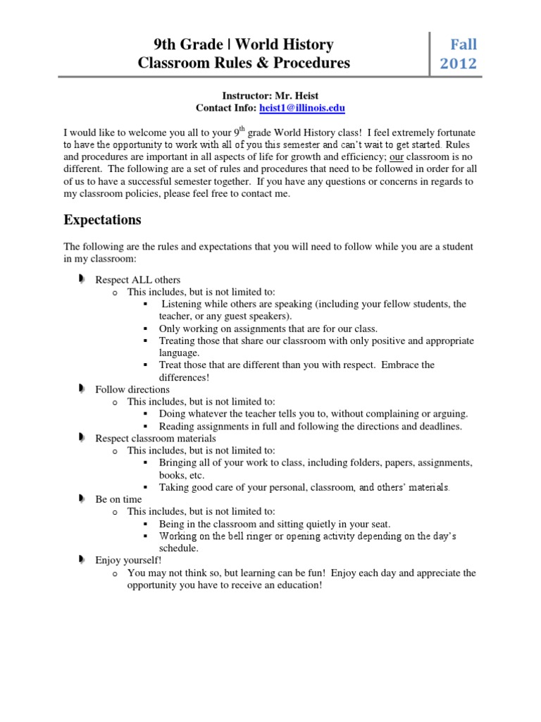 9th Grade - World History Classroom Rules & Procedures: Fall 2012 | PDF ...