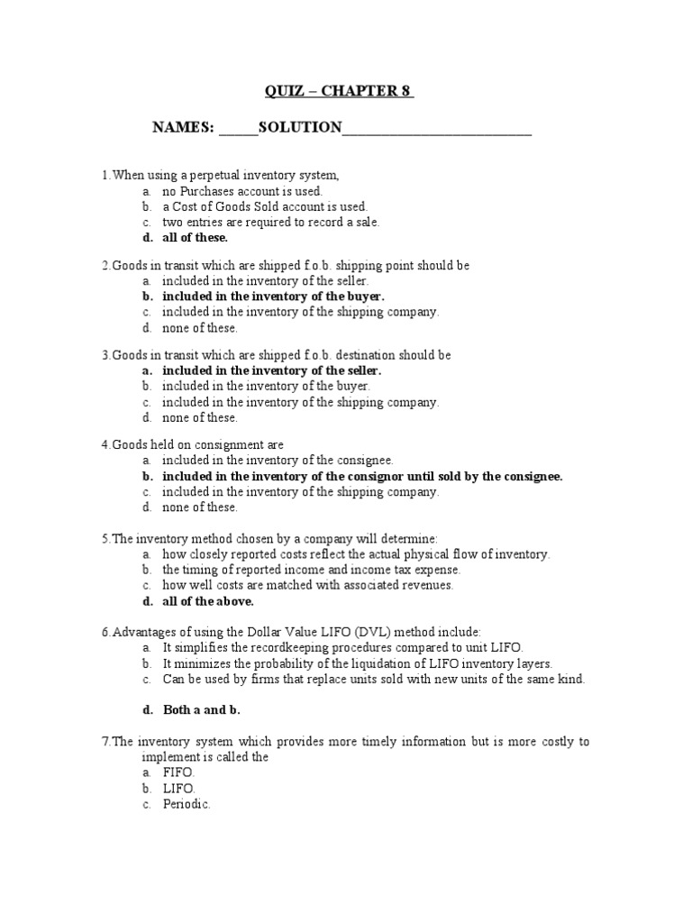Chapter 8 Quiz Answer Key | PDF | Cost Of Goods Sold | Inventory