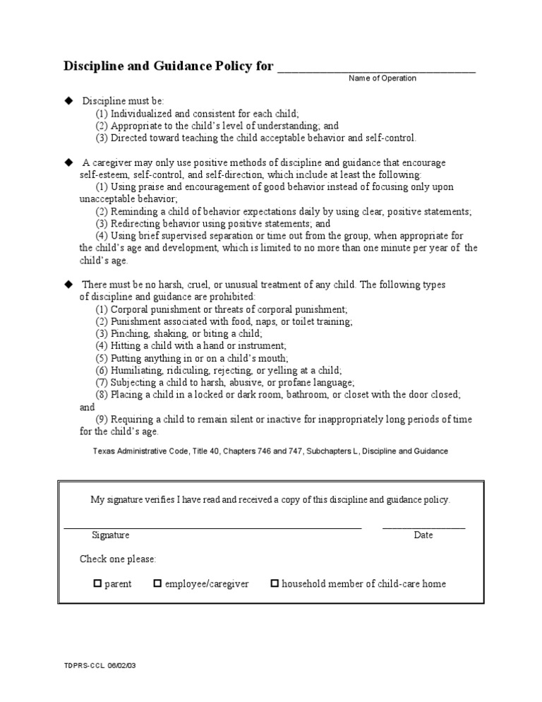 Discipline Policy Daycare Example