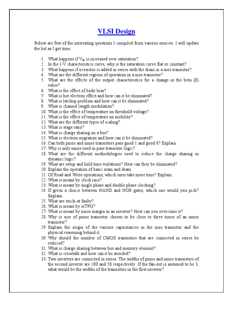 VLSI Design Related Good Questions | PDF | Mosfet | Cmos