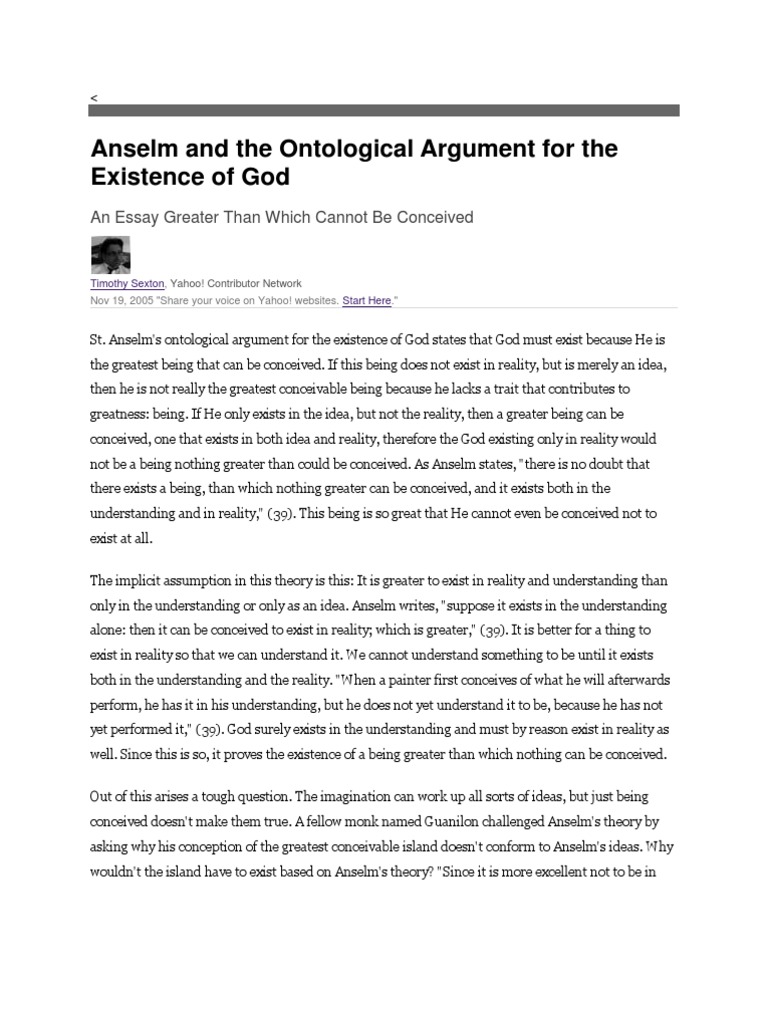 Anselm and The Ontological Argument For The Existence of God | PDF ...